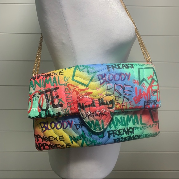 Bags | Graffiti Quilted Womens Crossbody Purse Multicolorgold Chain ...